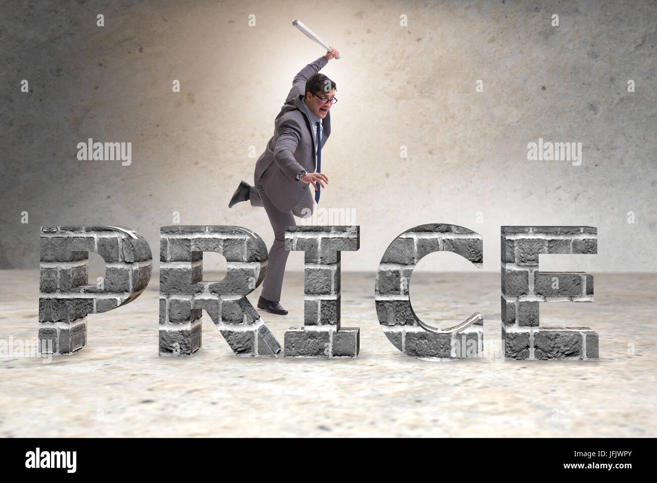 Angry man with baseball bat hitting price word Stock Photo - Alamy