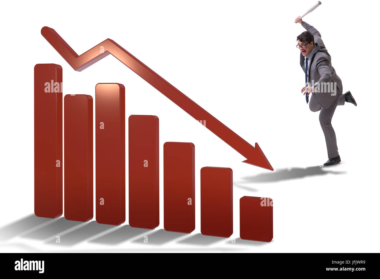 Angry man with baseball bat hitting downward chart Stock Photo - Alamy