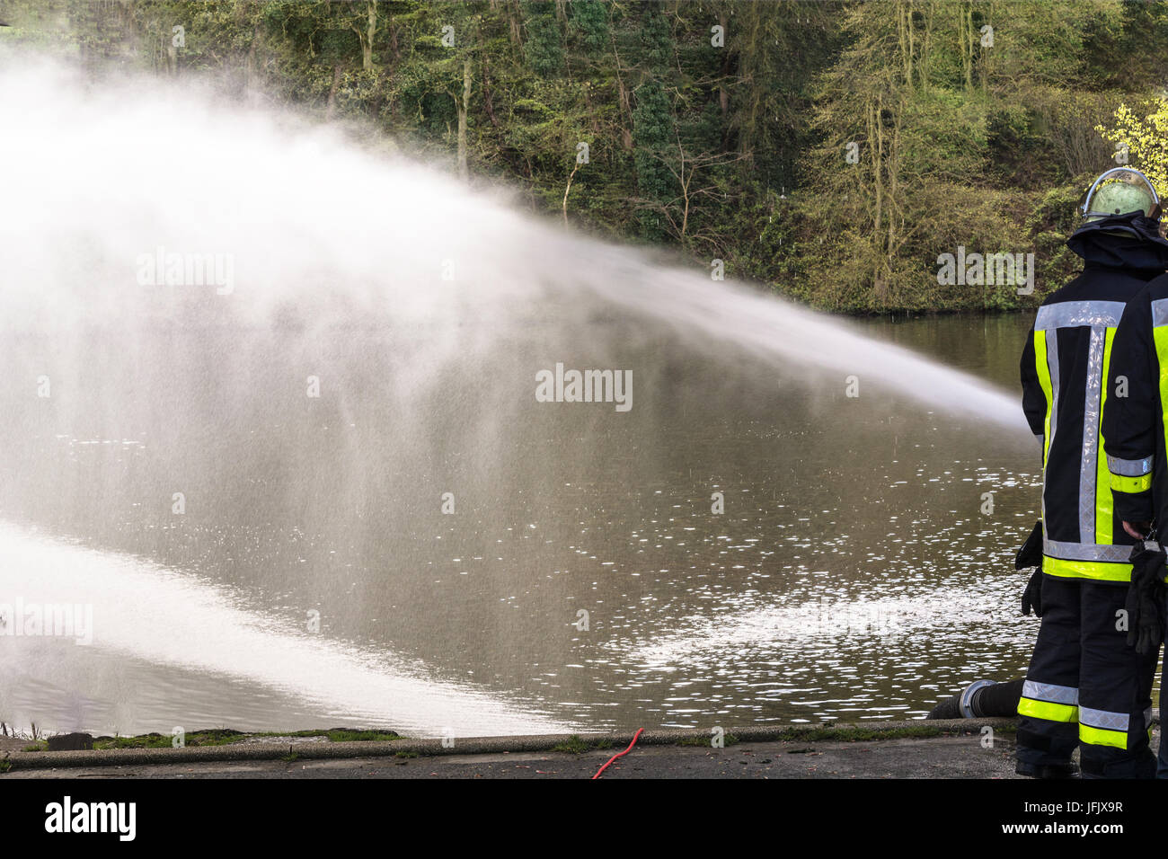 Fire department sprayed extinguishing water during an exercise Stock ...