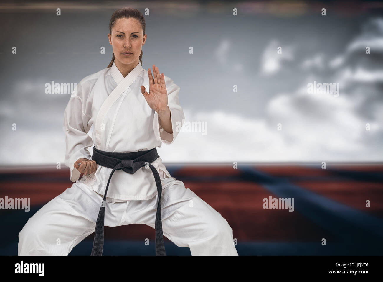 Composite image of female fighter performing karate stance Stock Photo ...