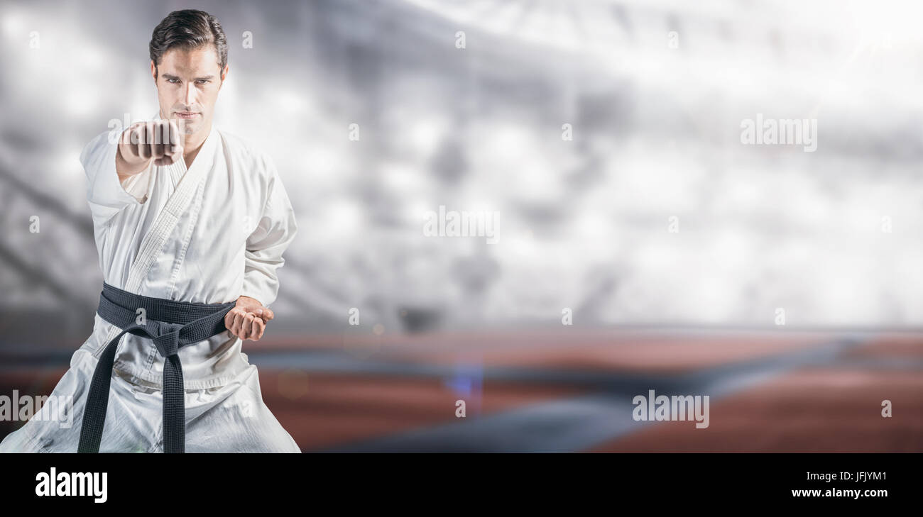 Composite image of portrait of fighter performing karate stance Stock ...
