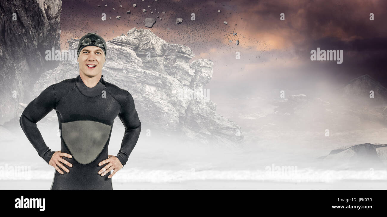Composite image of portrait of confident swimmer in wetsuit Stock Photo ...