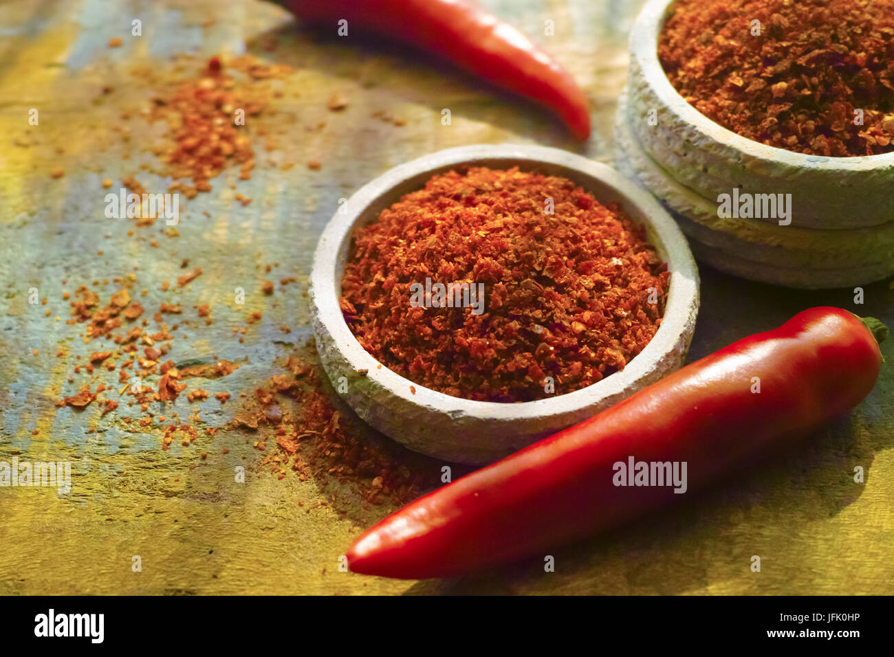 Red hot chili Cayenne pepper fresh and dried powdered spice, ready to ...