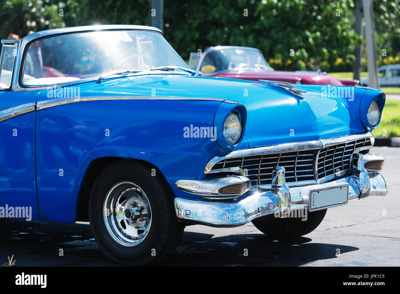 blue American Cabriolet Classic car on street in Havana Cuba Stock ...