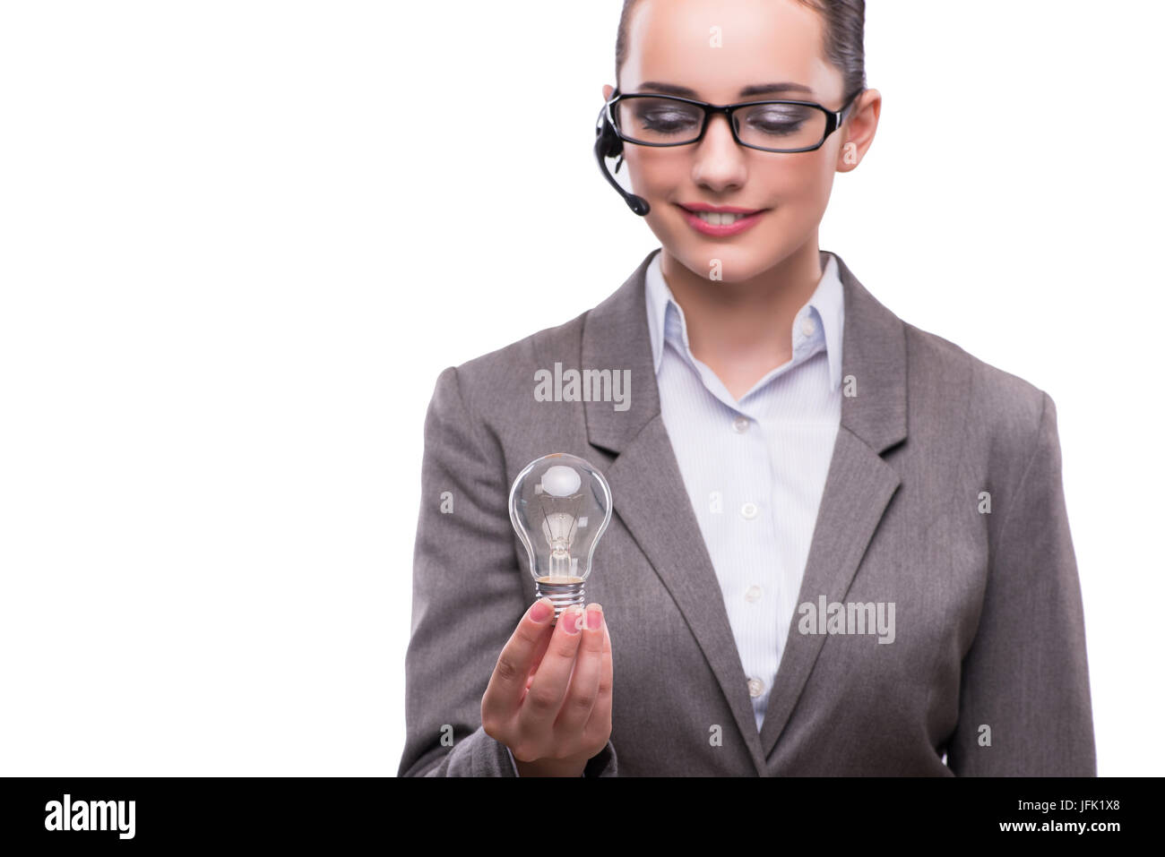 Call center operator with light bulb isolated on white Stock Photo - Alamy