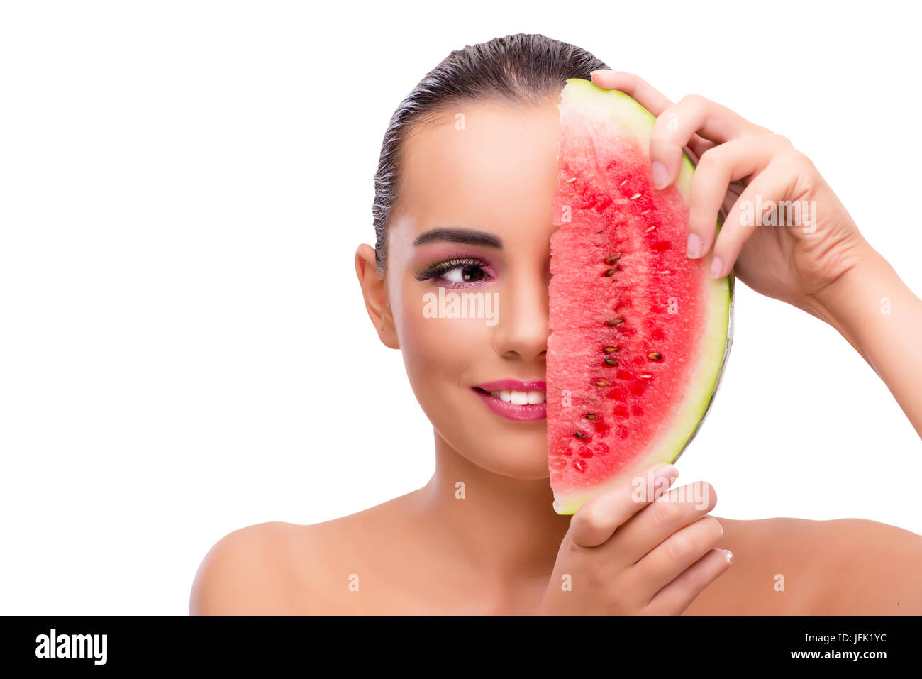 Beautiful woman with watermelon isolated on white Stock Photo - Alamy
