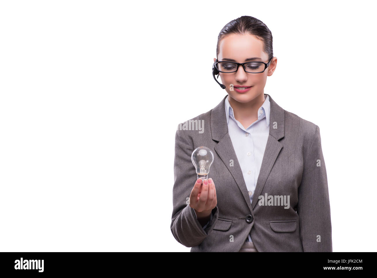 Call center operator with light bulb isolated on white Stock Photo - Alamy