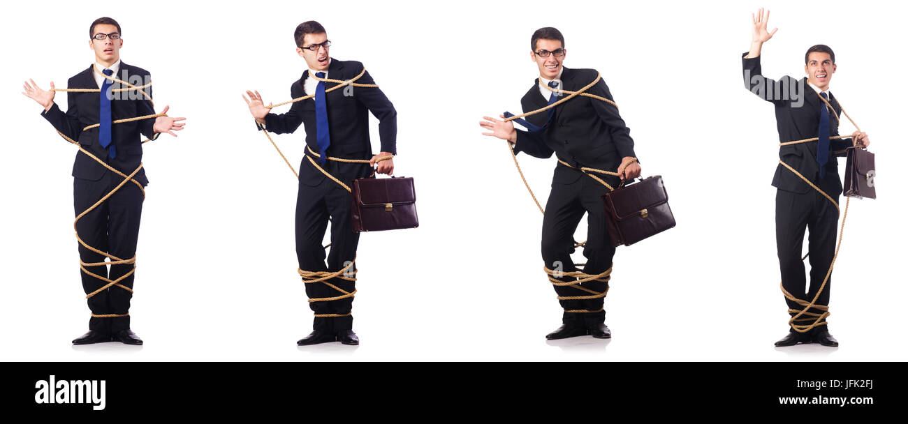Businessman roped isolated on white background Stock Photo - Alamy