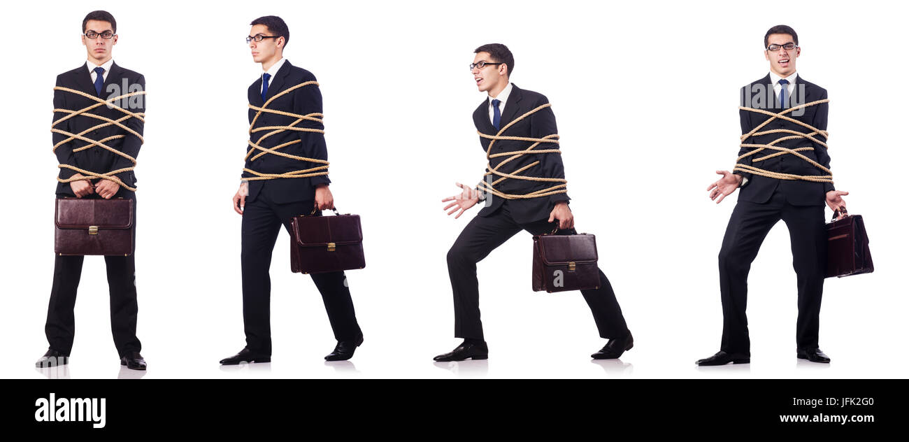 Businessman roped isolated on white background Stock Photo - Alamy