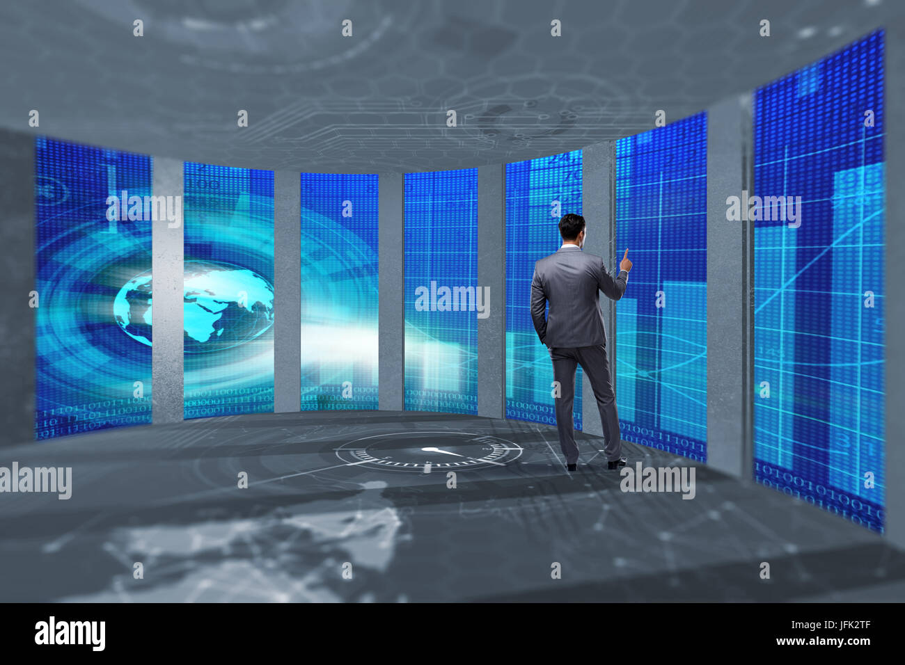 Businessman pressing virtual buttons in futuristic concept Stock Photo ...