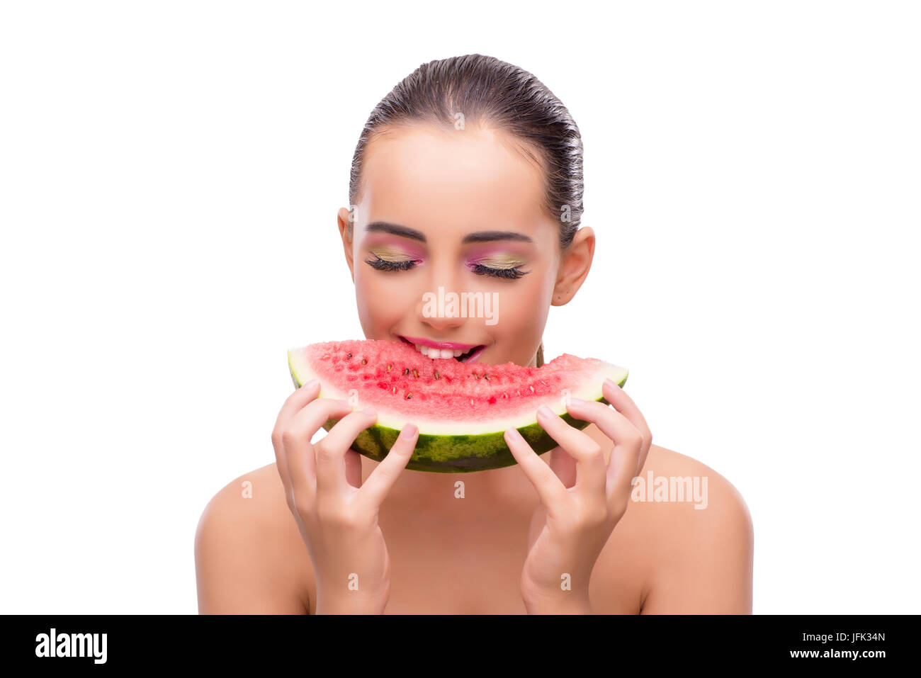 Beautiful woman with watermelon isolated on white Stock Photo - Alamy
