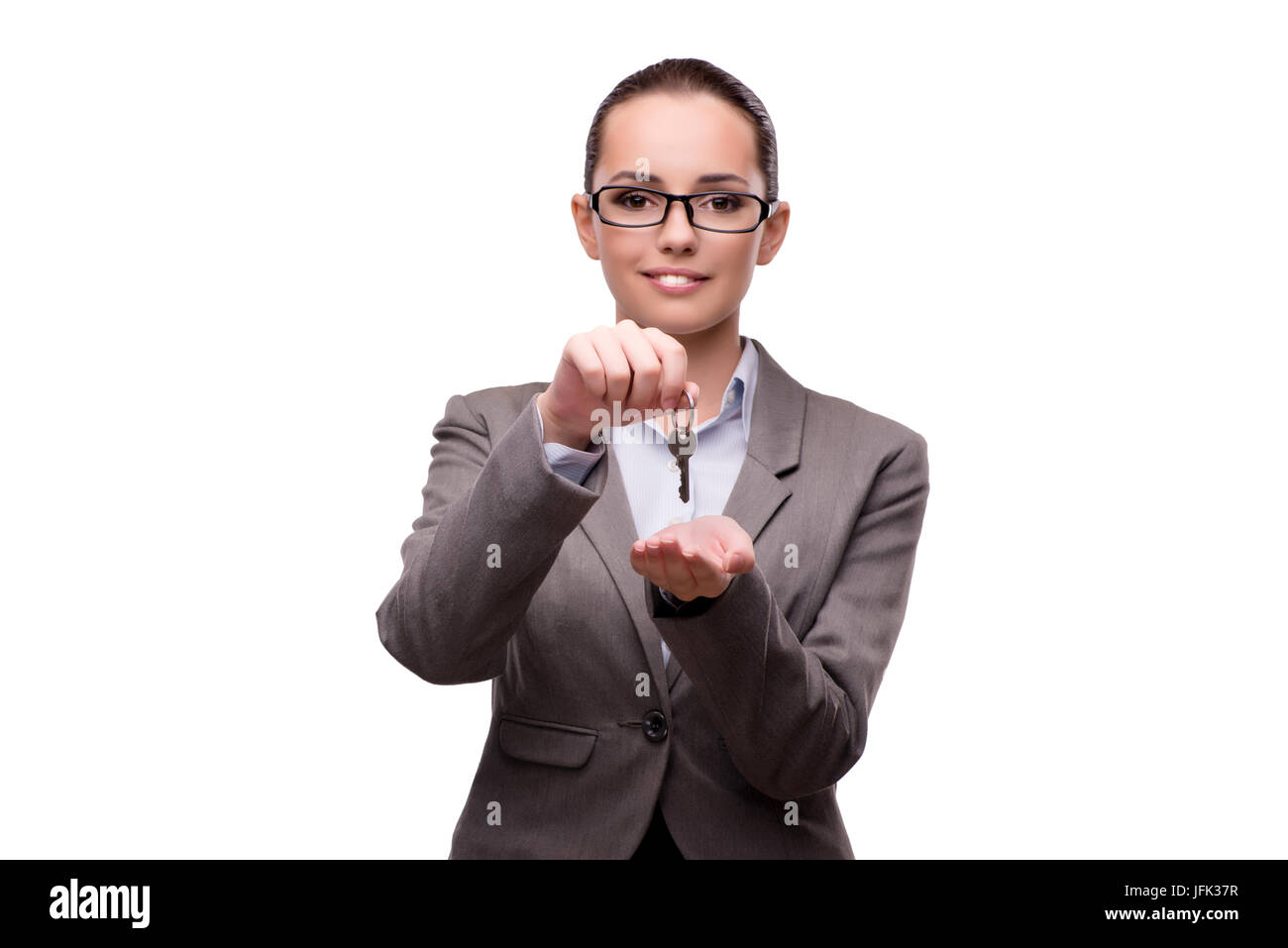 Bsuinesswoman pressing virtual buttons isolated on white Stock Photo ...