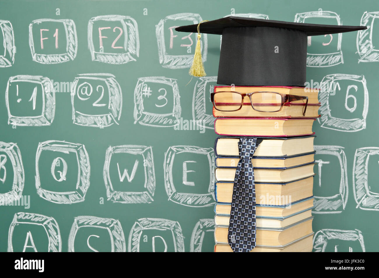Unusual funny professor with a keyboard drawn on the blackboard Stock ...