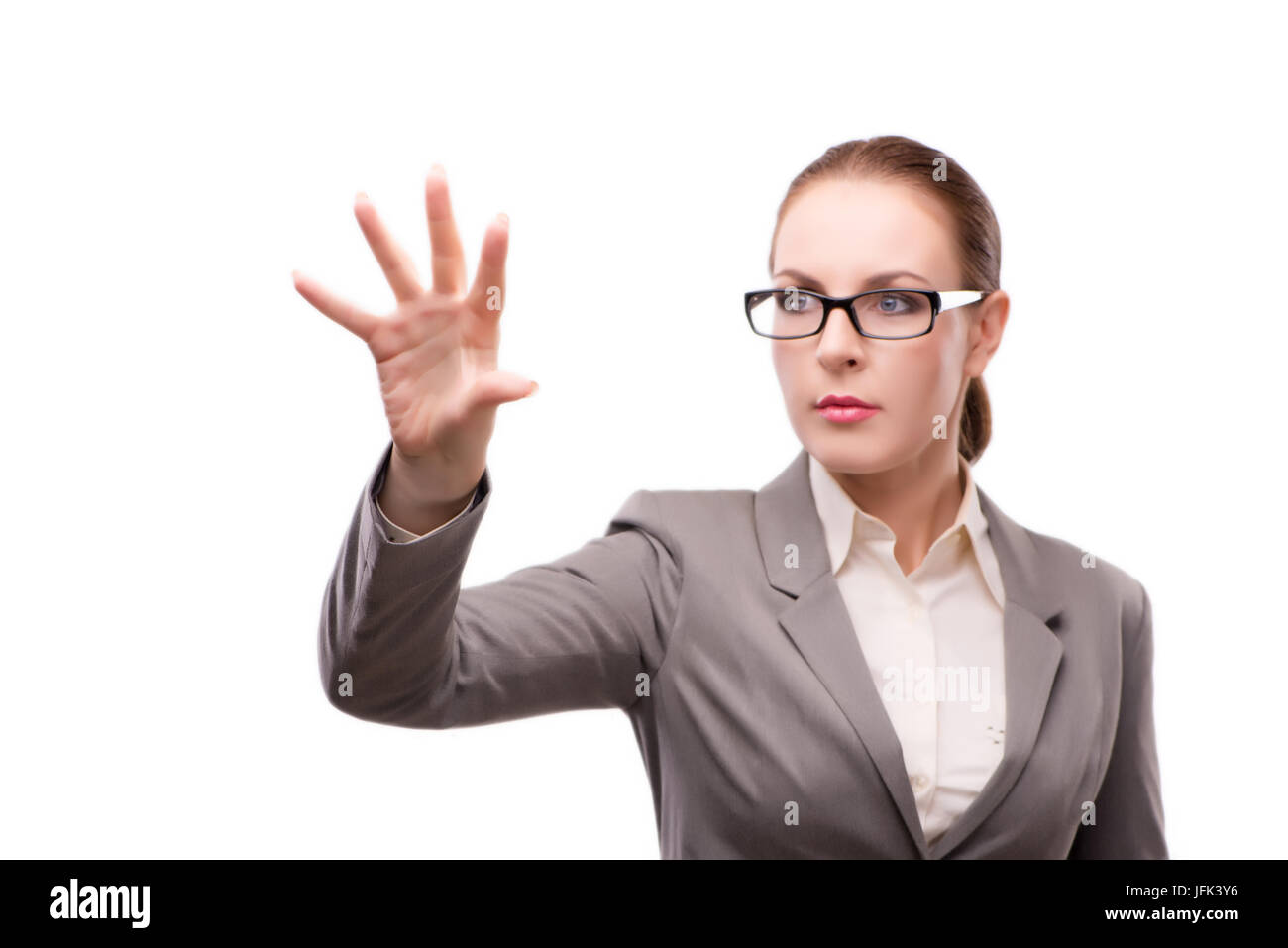 Strict serious businesswoman isolated on white Stock Photo - Alamy