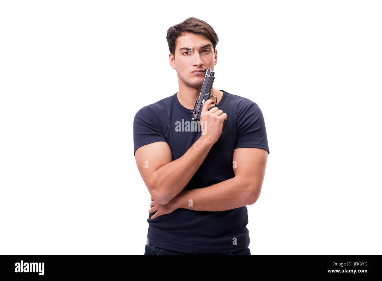 Aggressive young man with gun isolated on white Stock Photo - Alamy