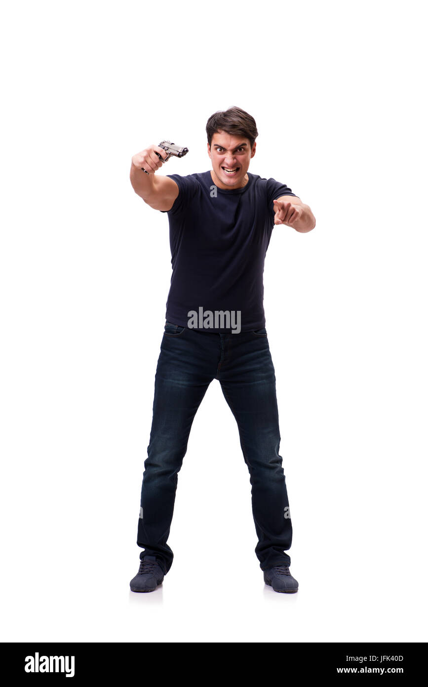 Aggressive young man with gun isolated on white Stock Photo - Alamy