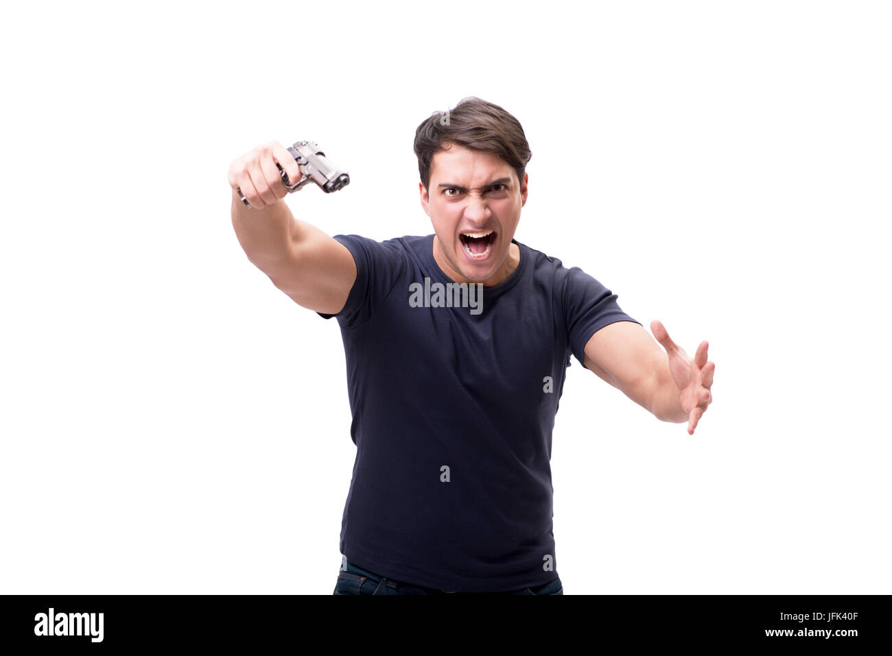 Aggressive young man with gun isolated on white Stock Photo - Alamy
