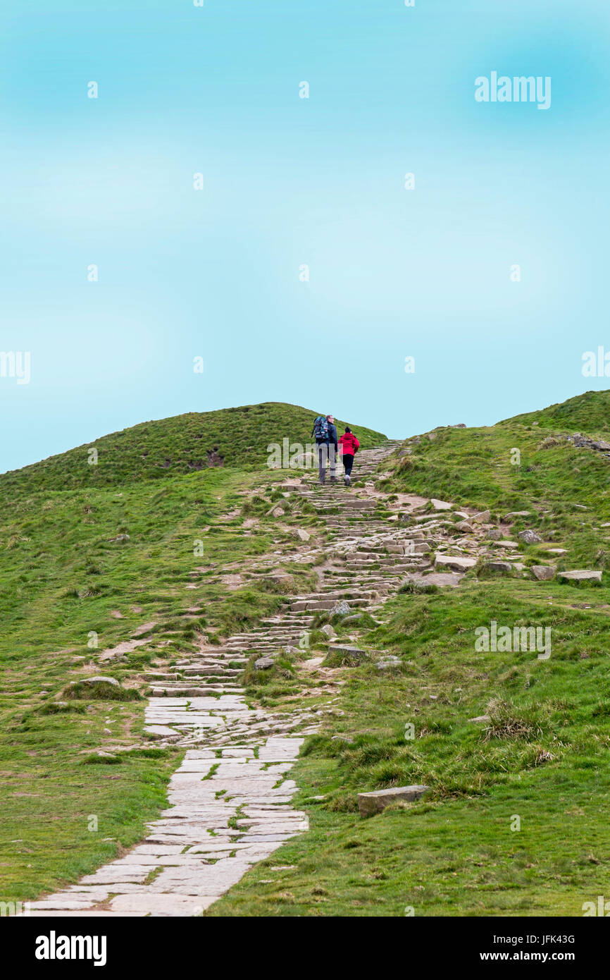 Walkers on the man made footpath along The Great Ridge between Mam Tor ...