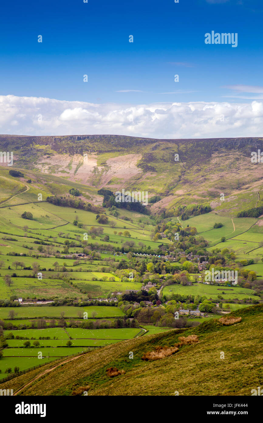 Edale village with Kinder Scout beyond viewed from the summit of Mam ...