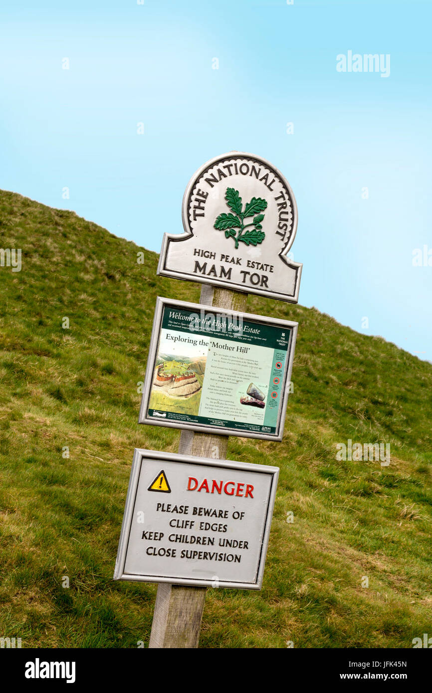 National Trust sign explaining the history of Mam Tor hill in the Peak ...