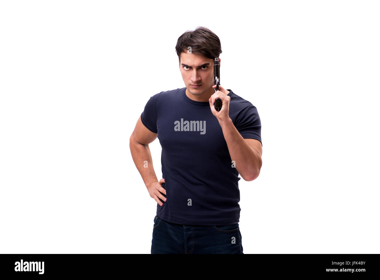 Aggressive young man with gun isolated on white Stock Photo - Alamy