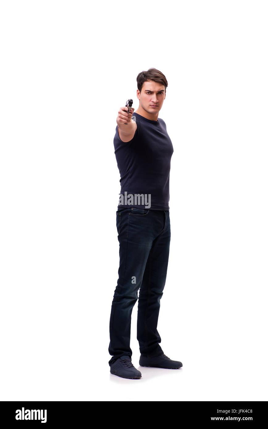 Aggressive young man with gun isolated on white Stock Photo - Alamy