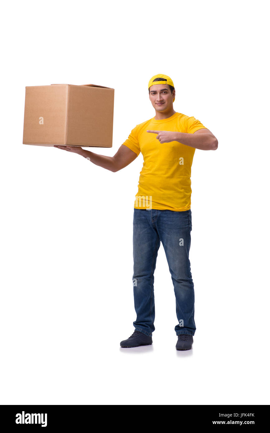 Funny delivery boy with box isolated on white Stock Photo - Alamy