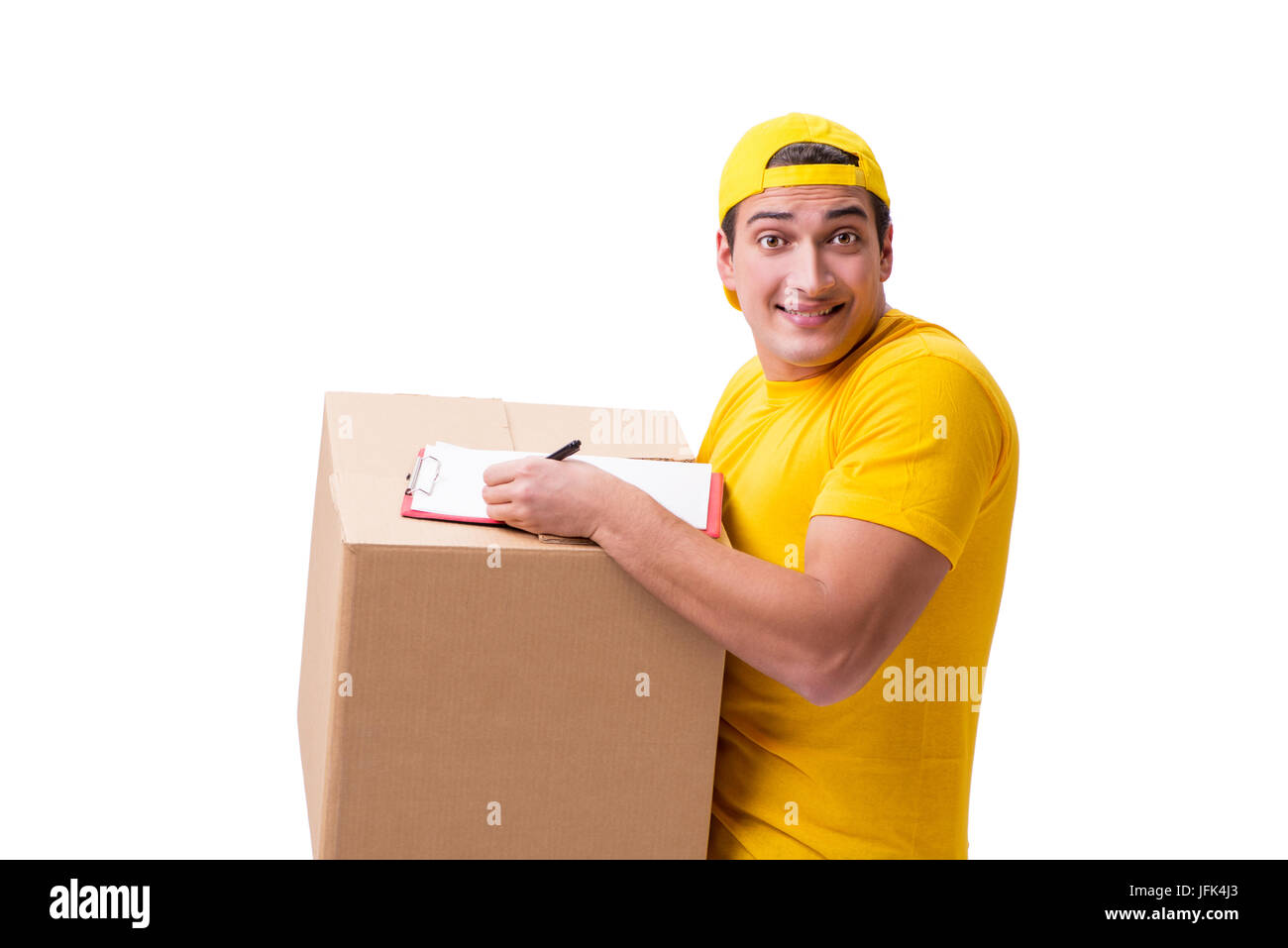 Funny delivery boy with box isolated on white Stock Photo - Alamy