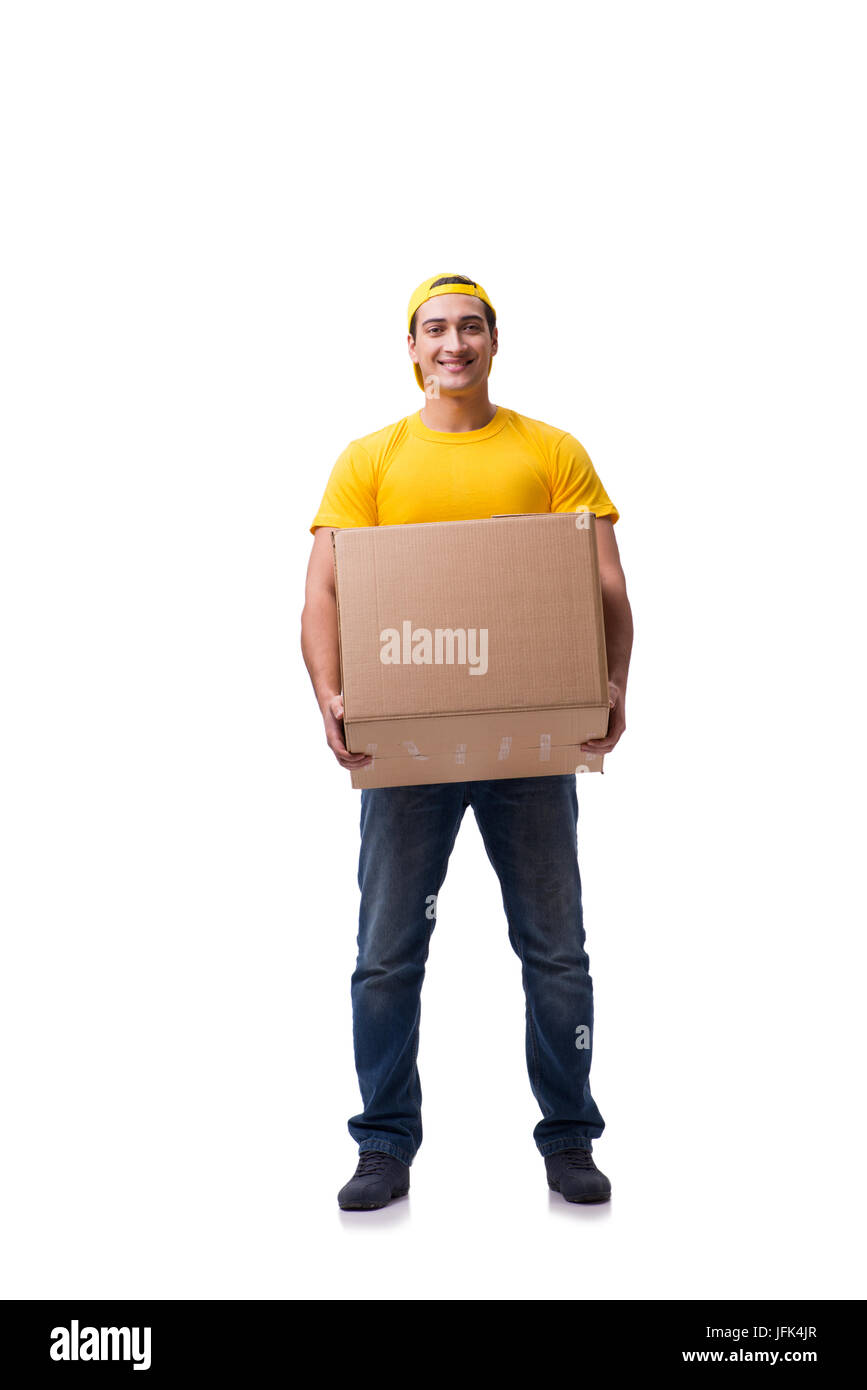 Funny delivery boy with box isolated on white Stock Photo - Alamy