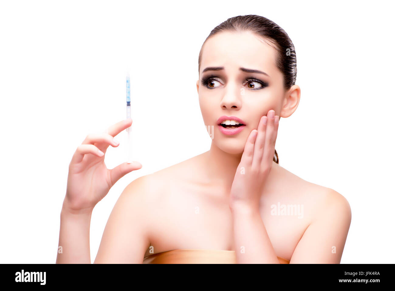Woman scared of plastic surgery isolated on white Stock Photo - Alamy
