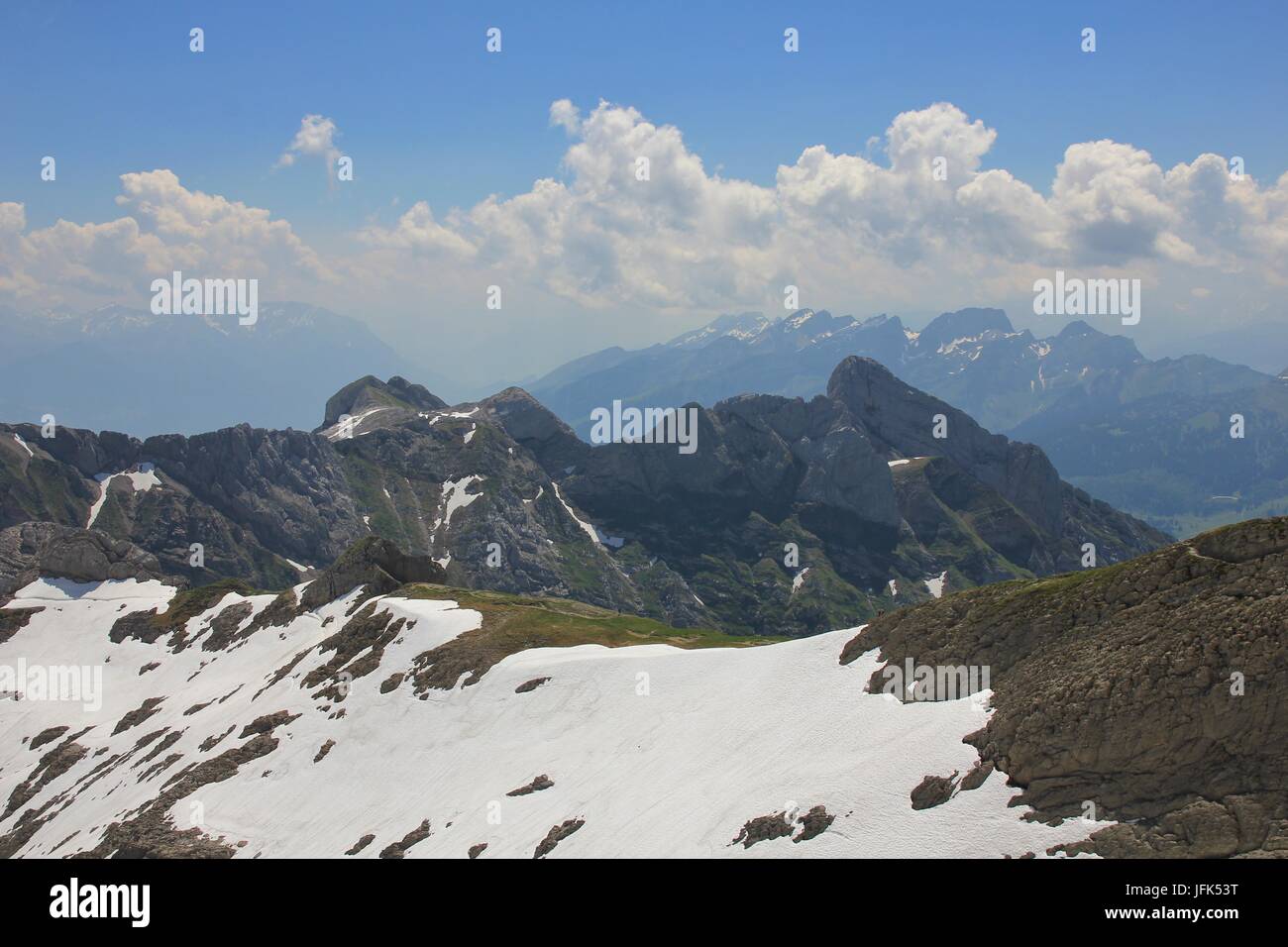 Summer scene in the Swiss Alps. View from Mount Santis. Lisengrat and ...