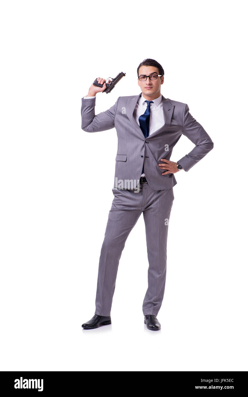 Aggressive business manager with handgun isolated on white Stock Photo ...