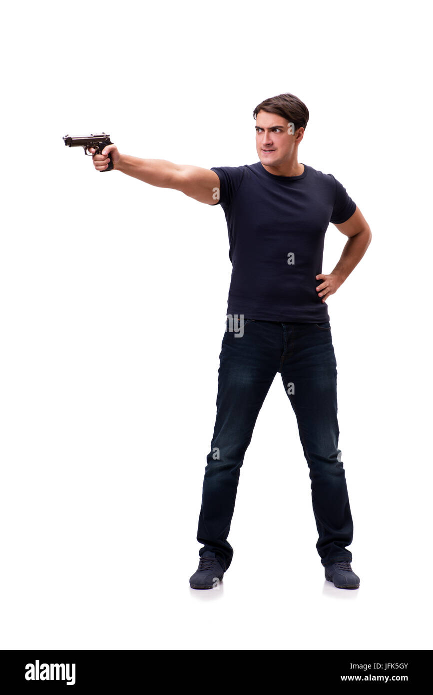 Aggressive young man with gun isolated on white Stock Photo - Alamy