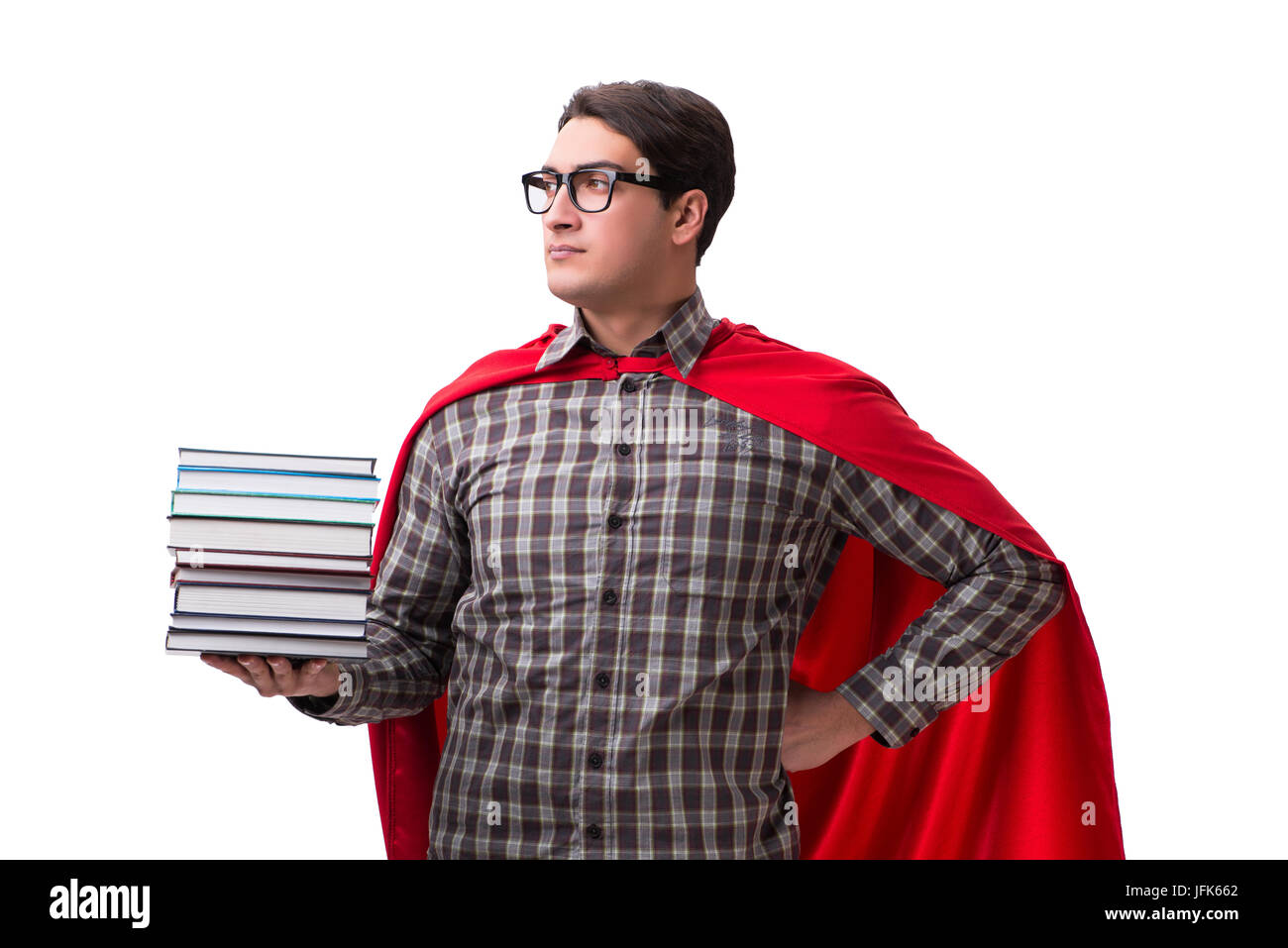 Super hero student with books isolated on white Stock Photo - Alamy