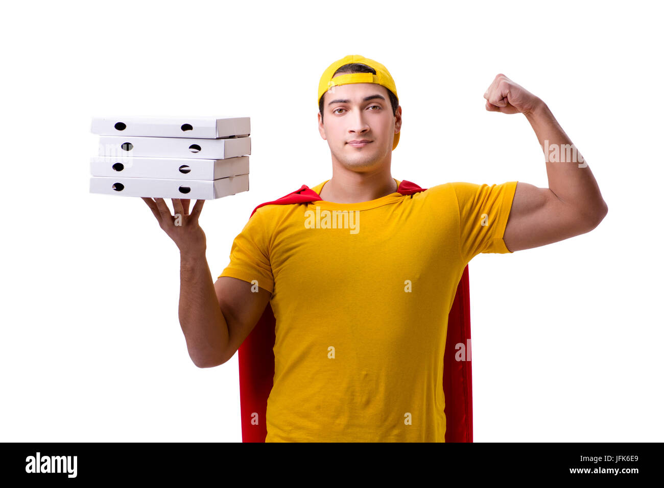 Super hero pizza delivery guy isolated on white Stock Photo - Alamy