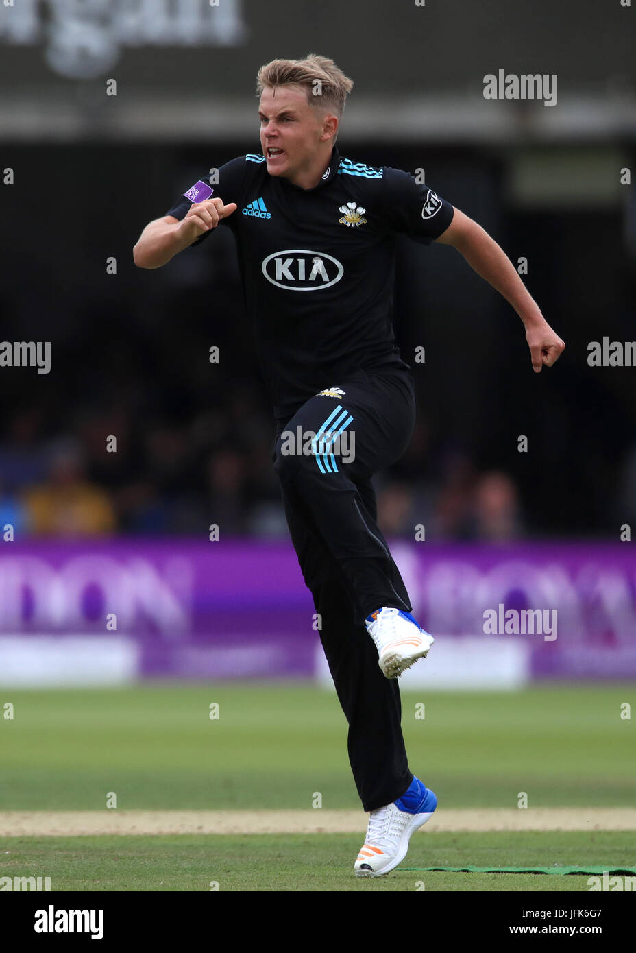 Surrey's Sam Curren celebrates the wicket of Nottinghamshire's Steven ...