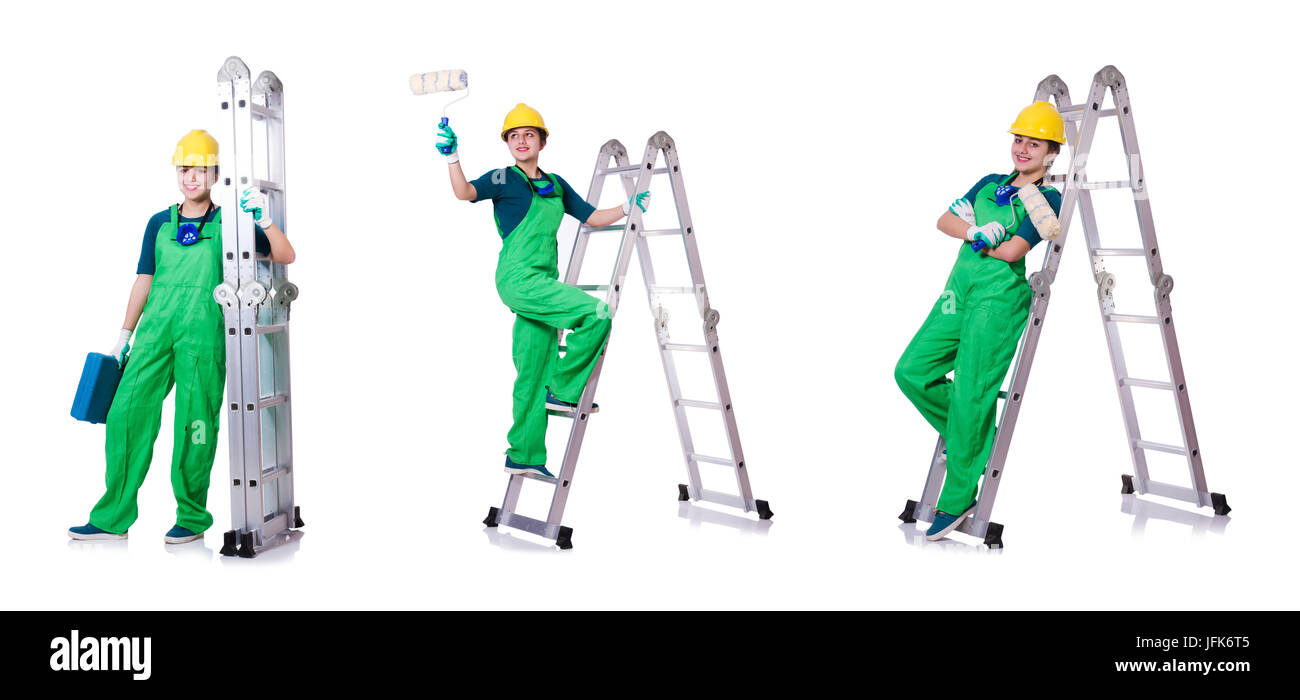 Female construction worker with toolkit and ladder Stock Photo - Alamy