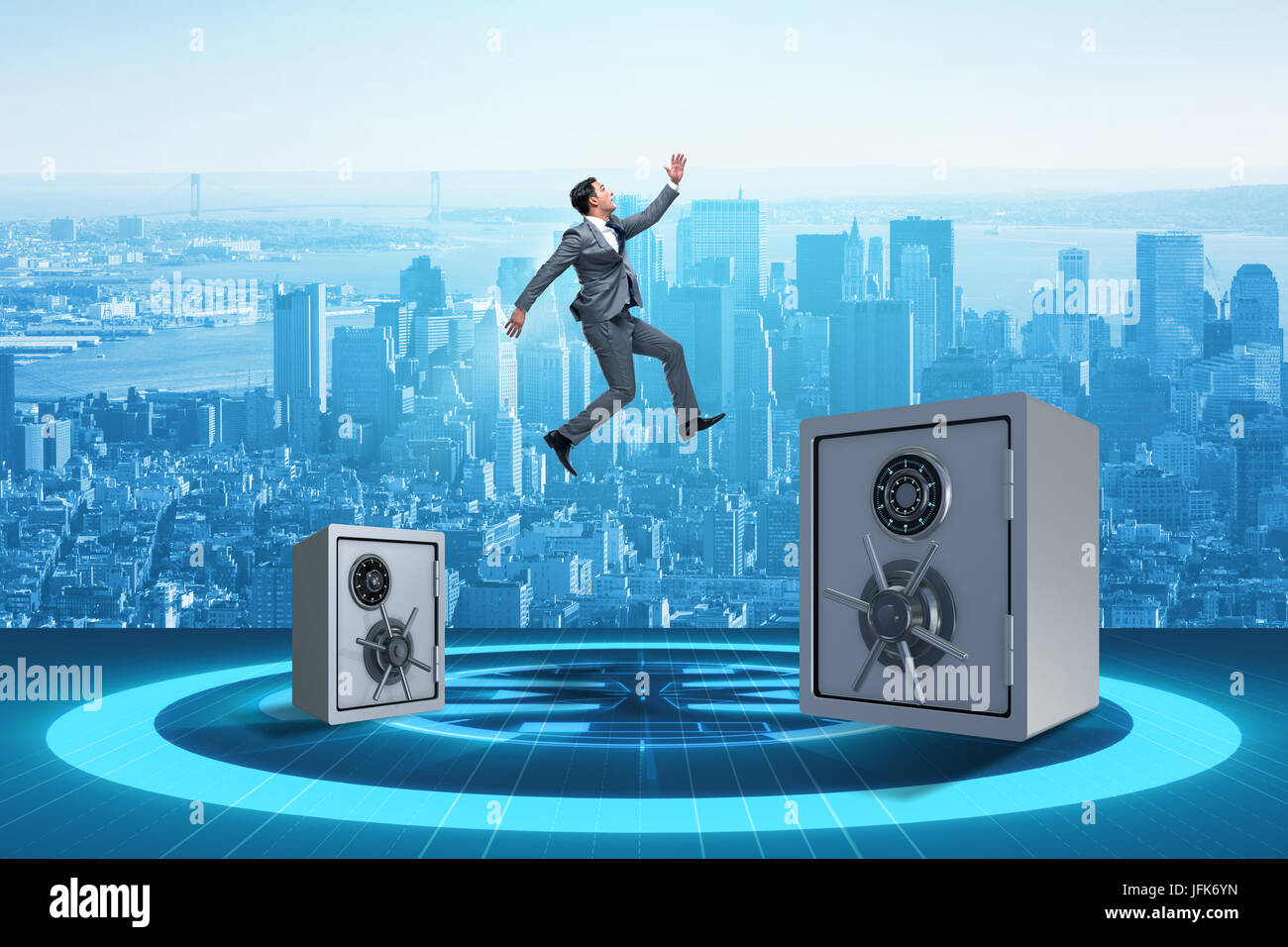 Businessman jumping from safes in business concept Stock Photo - Alamy