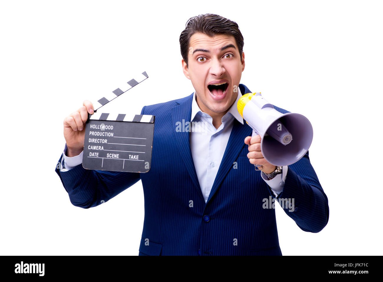 Handsome man with movie clapper isolated on white Stock Photo - Alamy