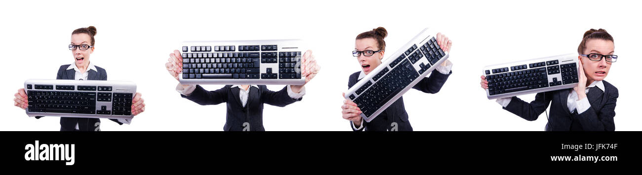 Nerd businessman with computer keyboard on white Stock Photo - Alamy