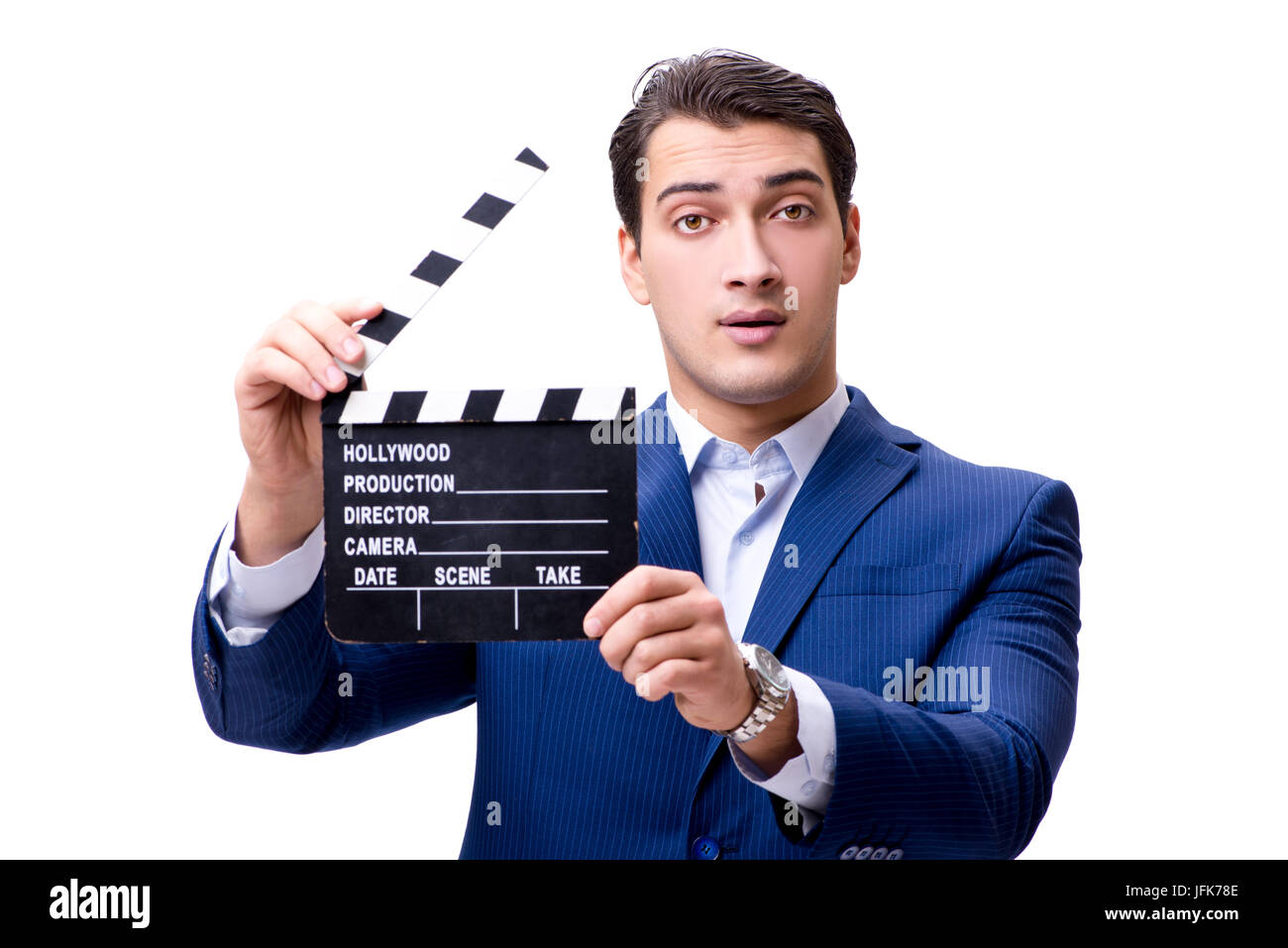 Handsome man with movie clapper isolated on white Stock Photo - Alamy