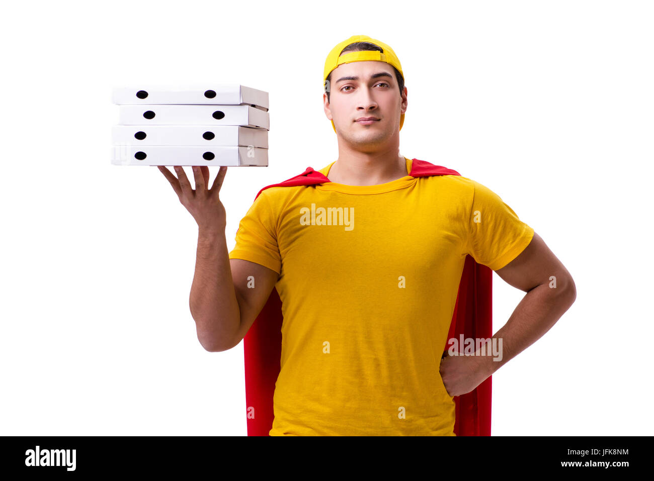 Super hero pizza delivery guy isolated on white Stock Photo - Alamy