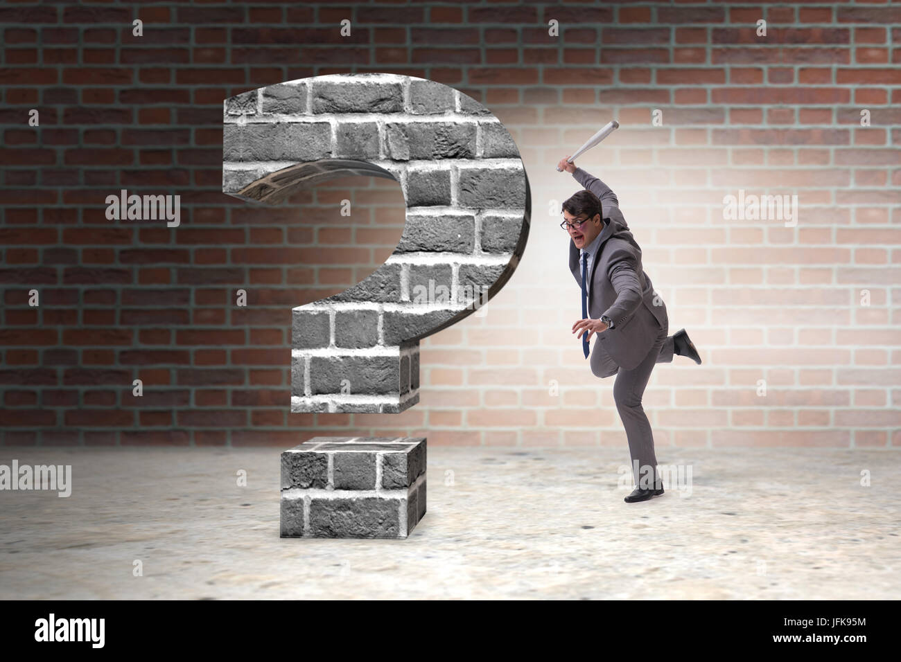 Angry man with baseball bat hitting question mark Stock Photo - Alamy