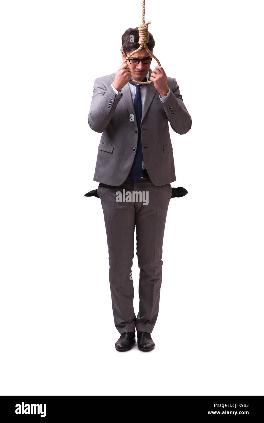 Bankrupt businessman hanging himself isolated on white Stock Photo - Alamy
