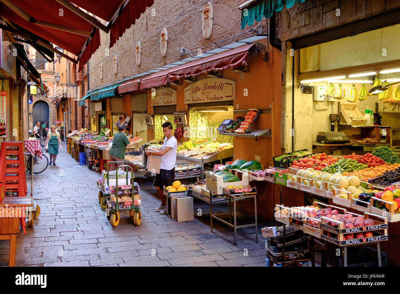 Bologna, Italy- July 1, 2014: Grocery stores in the "Quadrilatero" in ...