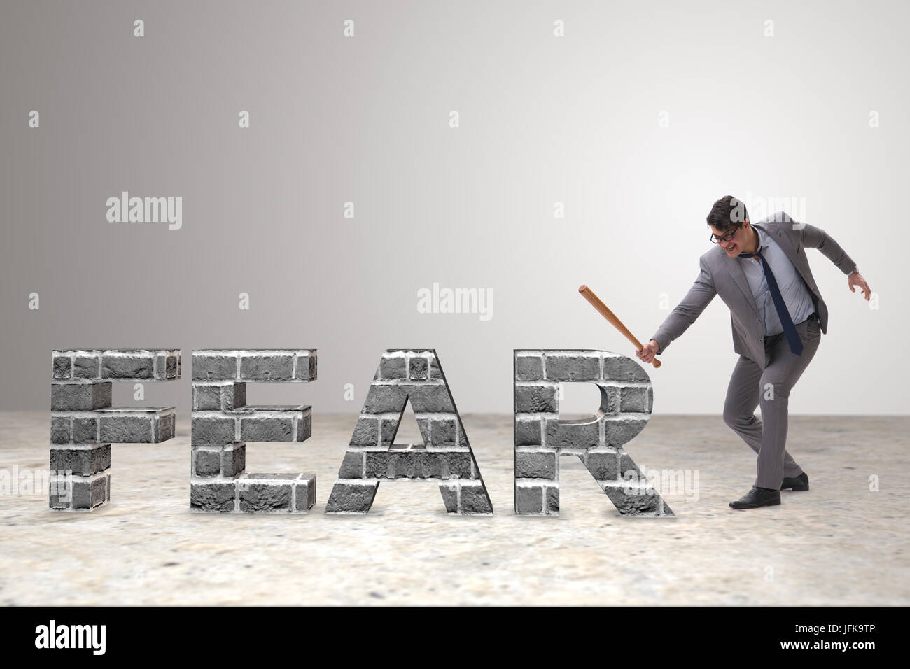 Angry man with baseball bat hitting fear word Stock Photo - Alamy