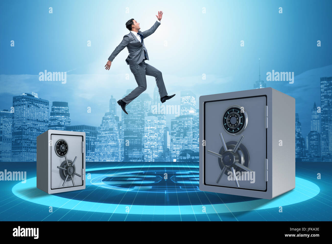 Businessman jumping from safes in business concept Stock Photo - Alamy
