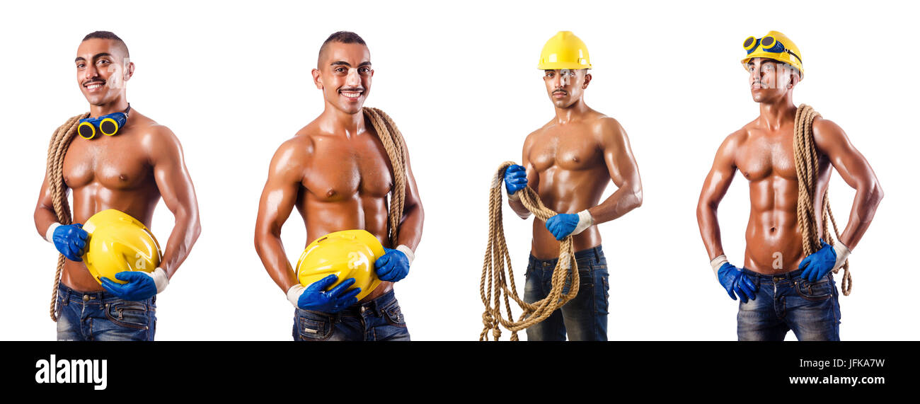 Muscular builder with tools isolated on white Stock Photo - Alamy