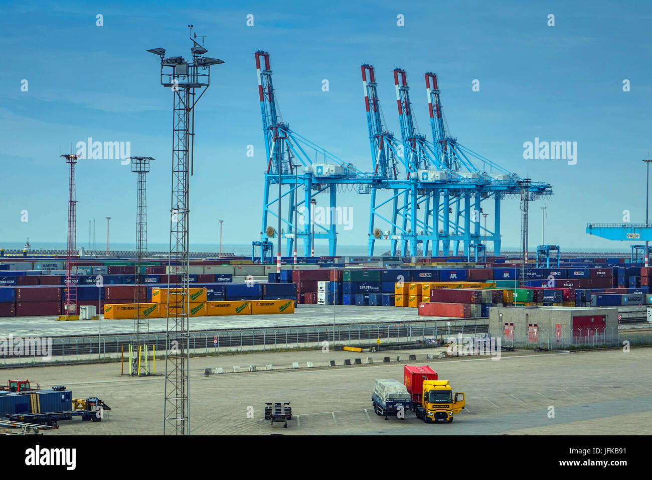 Huge cranes and containers, container terminal, Zeebrugge, Belgium ...