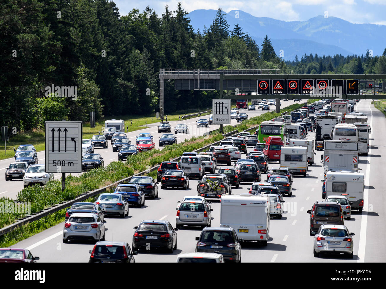 Heavy traffic moving along the Autobahn 8 in direction of Salzburg and ...